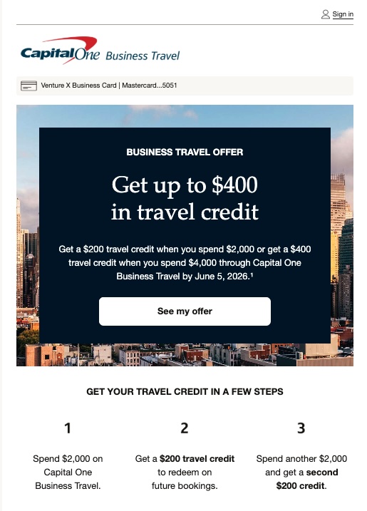 Capital One Targeted Offer: Earn up to $400 in Travel Credits