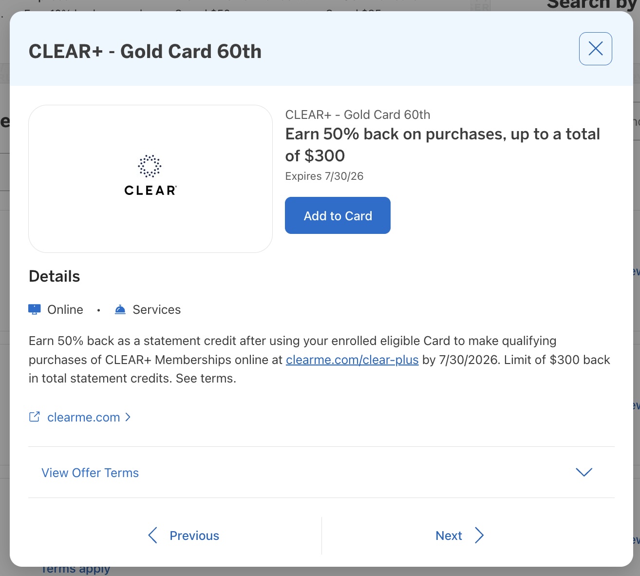 New Amex Offer: Get 50% Back on CLEAR+ Memberships