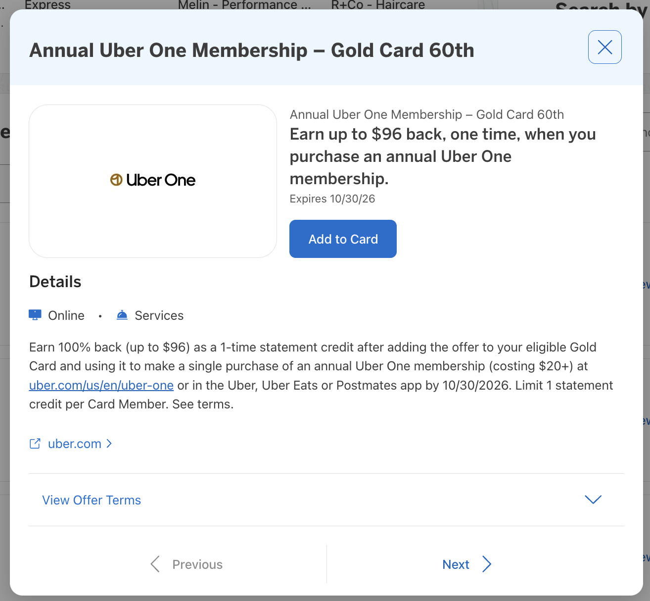 Amex Gold Adds a Limited-Time Uber One Membership Credit