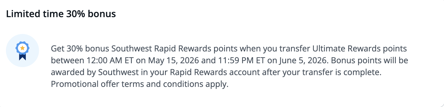 30% Transfer Bonus From Chase to Southwest [Ends June 5]