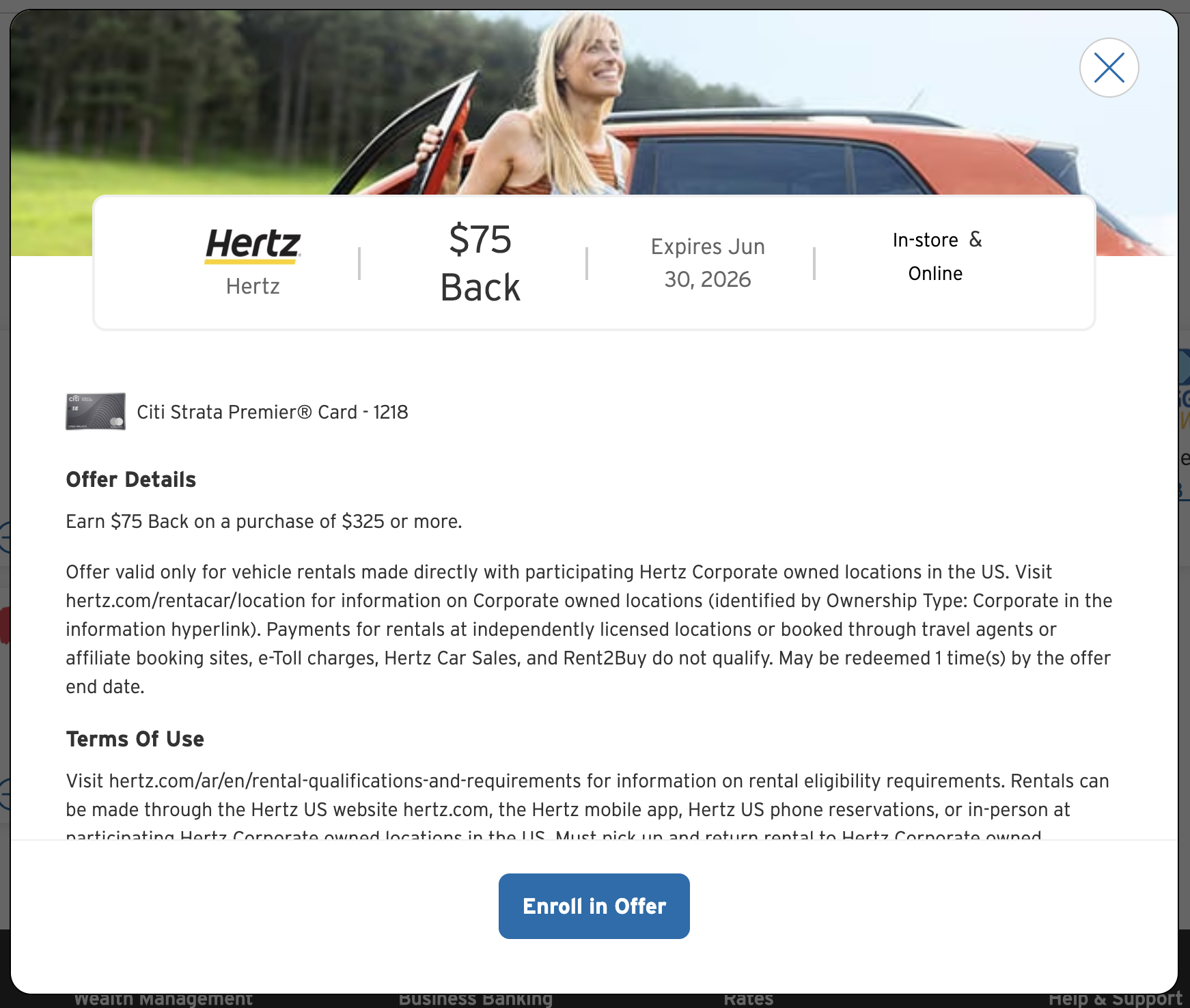 Citi Merchant Offer for $75 Savings on Hertz Rentals [Targeted]