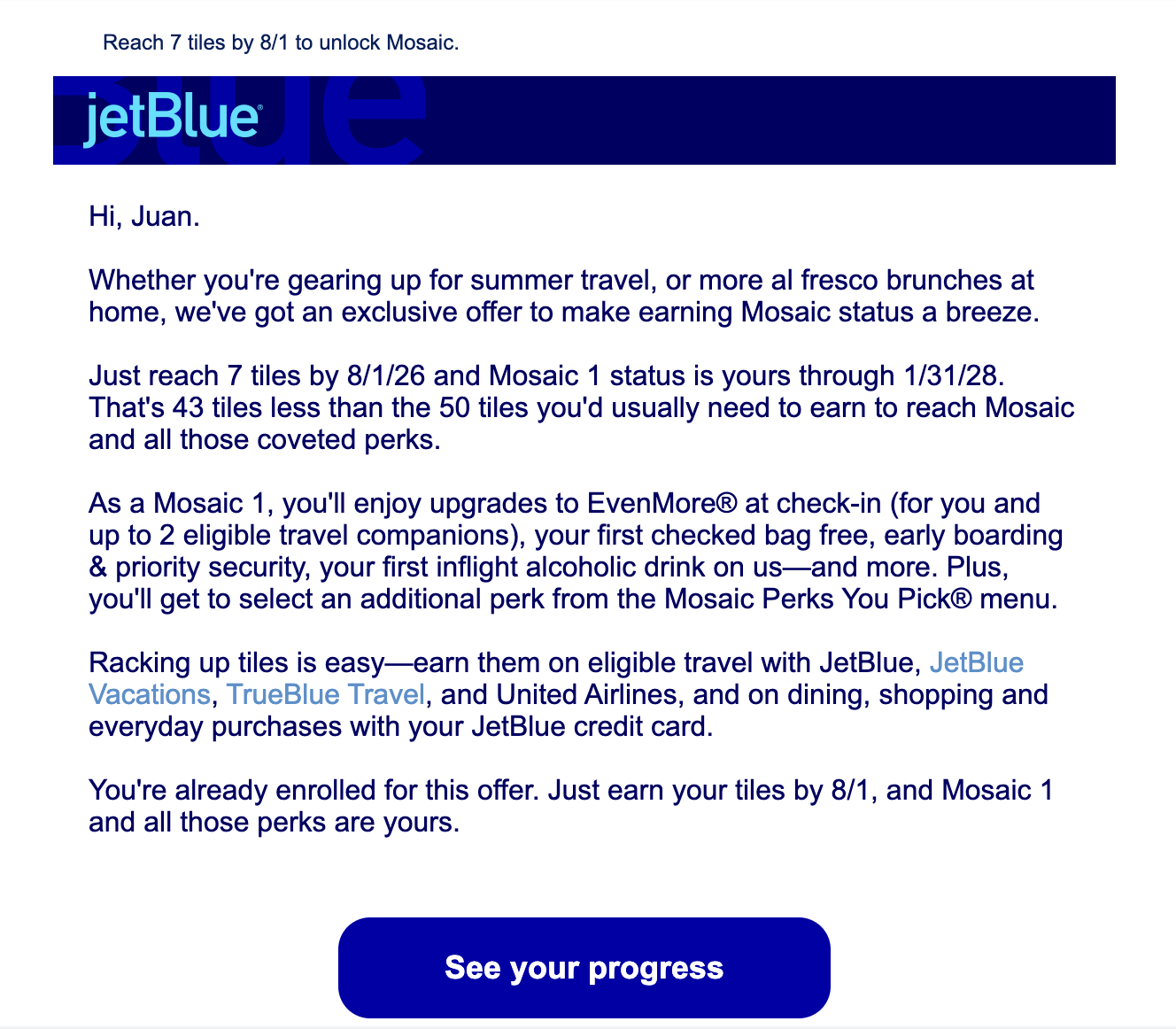 JetBlue Offer Cuts Mosaic Status Requirement From 50 Tiles to 7